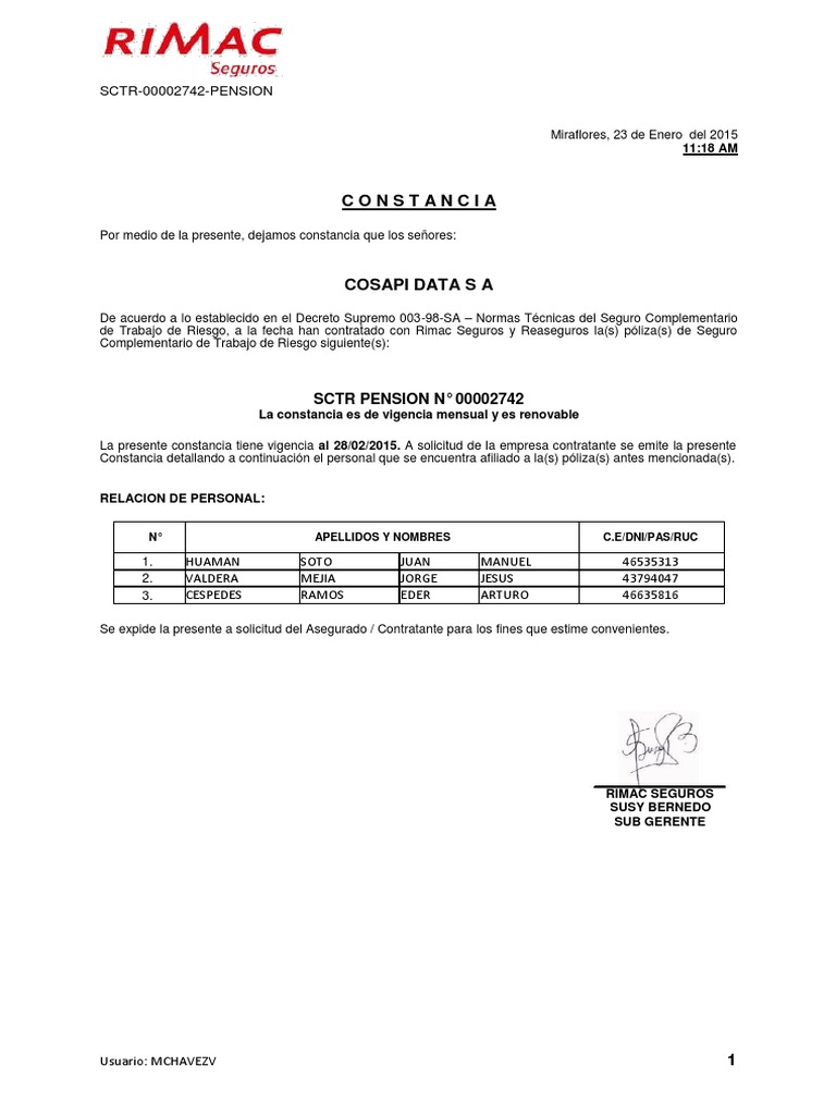 Constancia-Pension-Rimac SCTR 002332-Cosapi Data S A | PDF | Finanzas y dinero