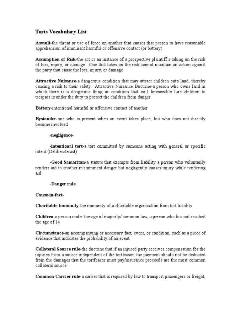 Torts Vocabulary List | PDF | Trespass | Tort