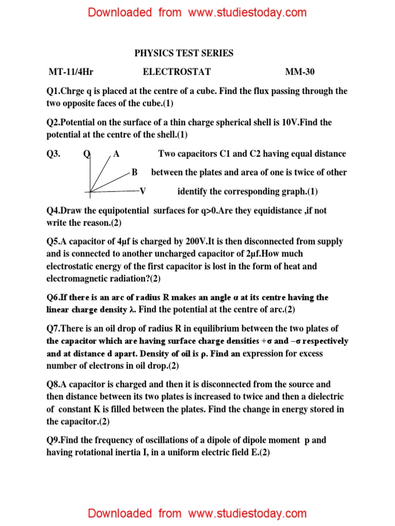 CBSE Class 12 Physics Assignment - Electrostat | PDF | Capacitor | Dipole