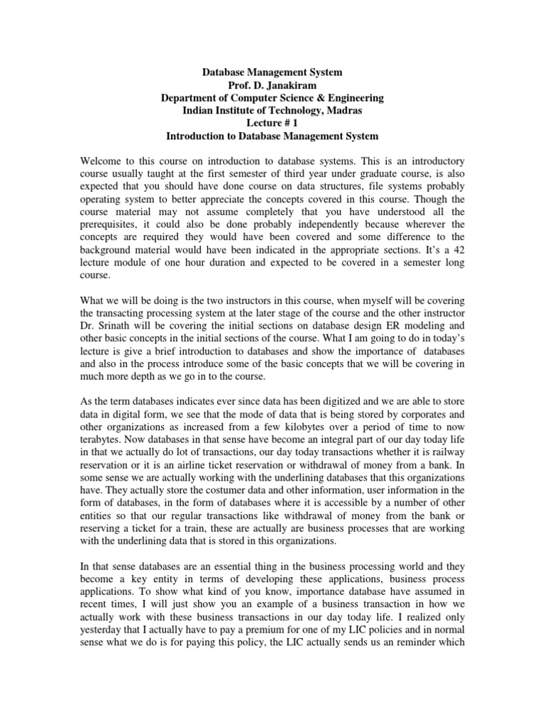 DBMS Introduction Lecture on Online Insurance Premium Payment | PDF ...