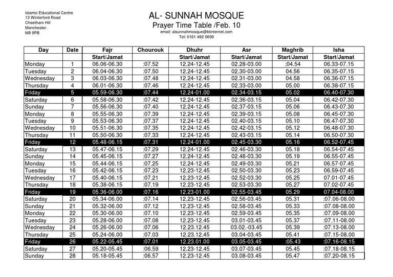 Al-Sunnah Mosque Prayer Timetable | PDF