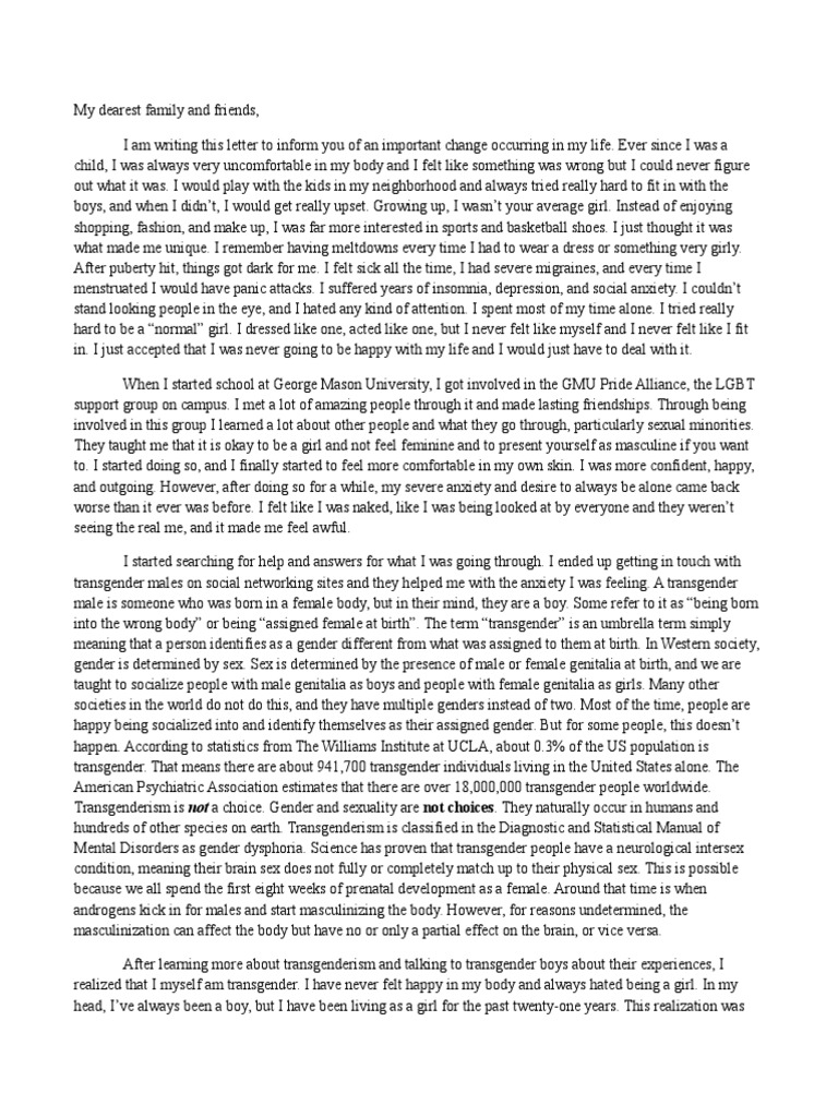 Coming Out Letter | Transgender | LGBTQ Rights