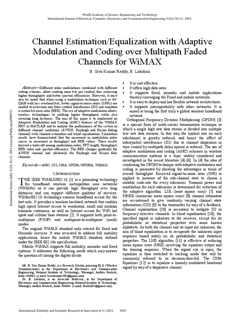 Channel EstimationEqualization With Adaptive Modulation and Coding Over Multipath Faded Channels ...