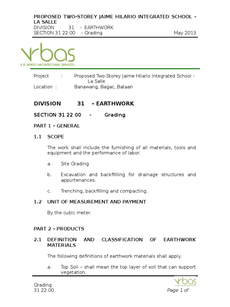 Division 31 - Earthwork: Proposed Two-Storey Jaime Hilario Integrated ...