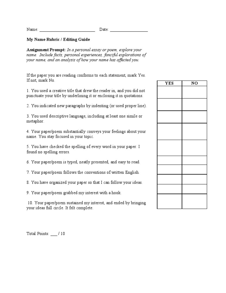 My Name Rubric / Editing Guide Assignment Prompt: in A Personal Essay ...