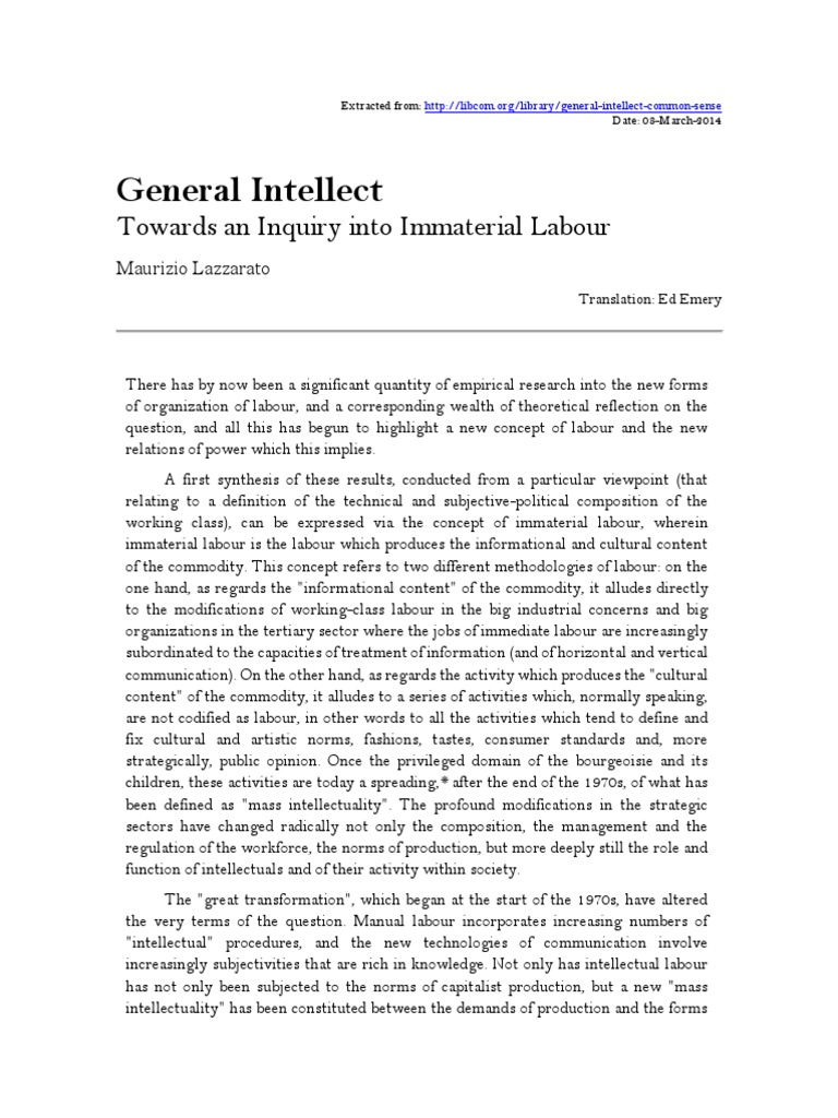 General Intellect: Towards An Inquiry Into Immaterial Labour | PDF ...