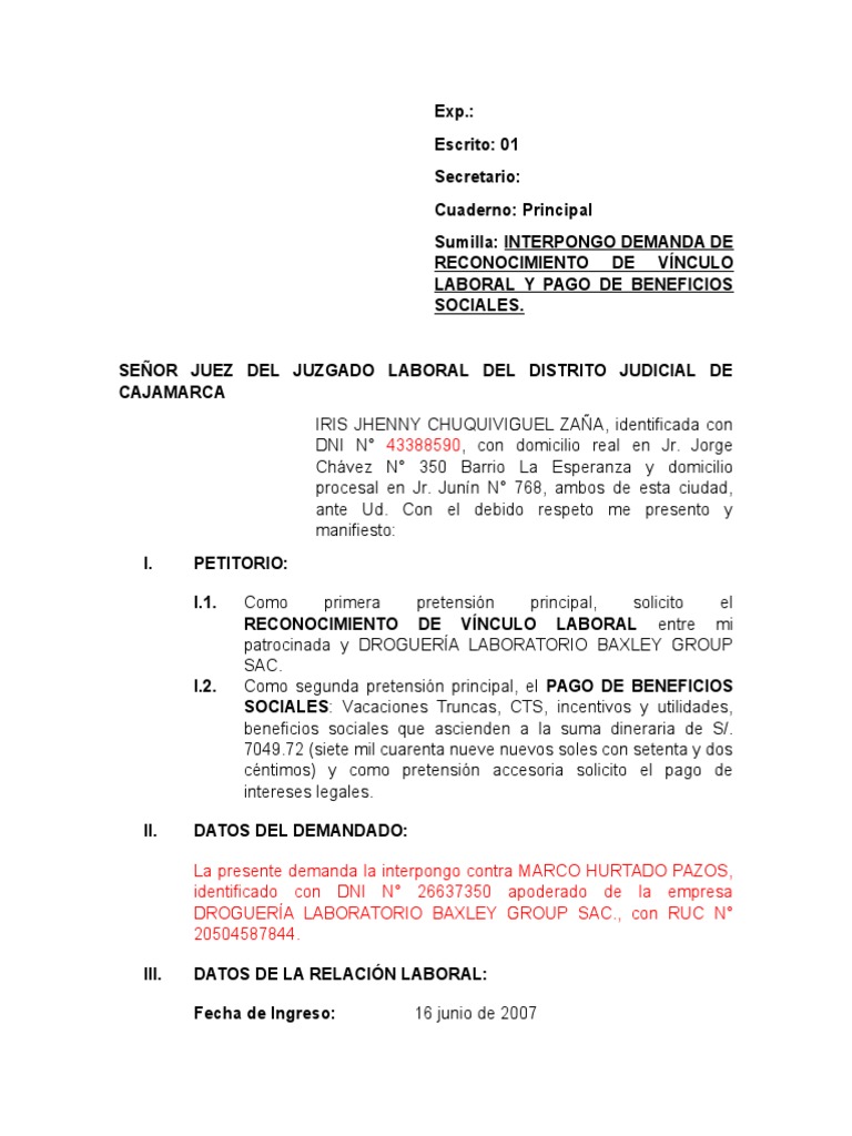 Demanda de Pago de Beneficios Sociales | PDF | Derecho laboral | Demanda judicial