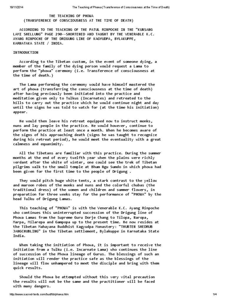 The Teaching of Phowa (Transference of Consciousness at The Time of ...