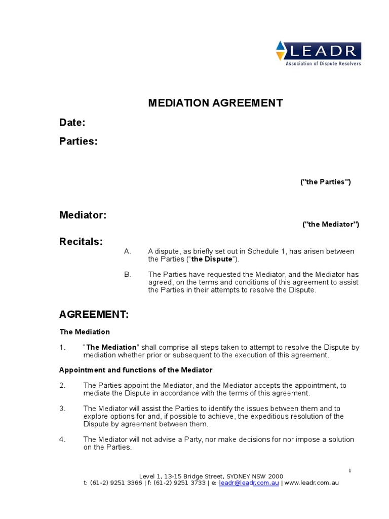 Standard Mediation Agreement | PDF | Mediation | Indemnity
