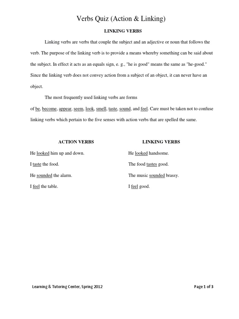 Action and Linking Verbs Quiz | PDF | Verb | Subject (Grammar)