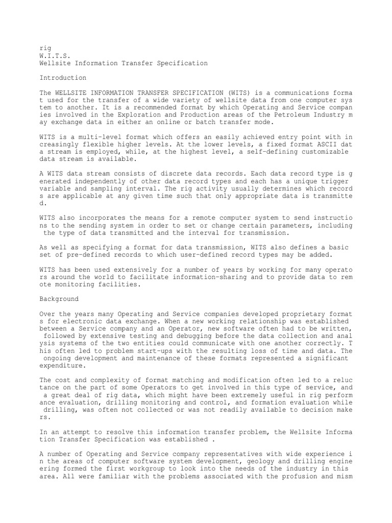 Wits Specs | PDF | File Format | Drilling Rig