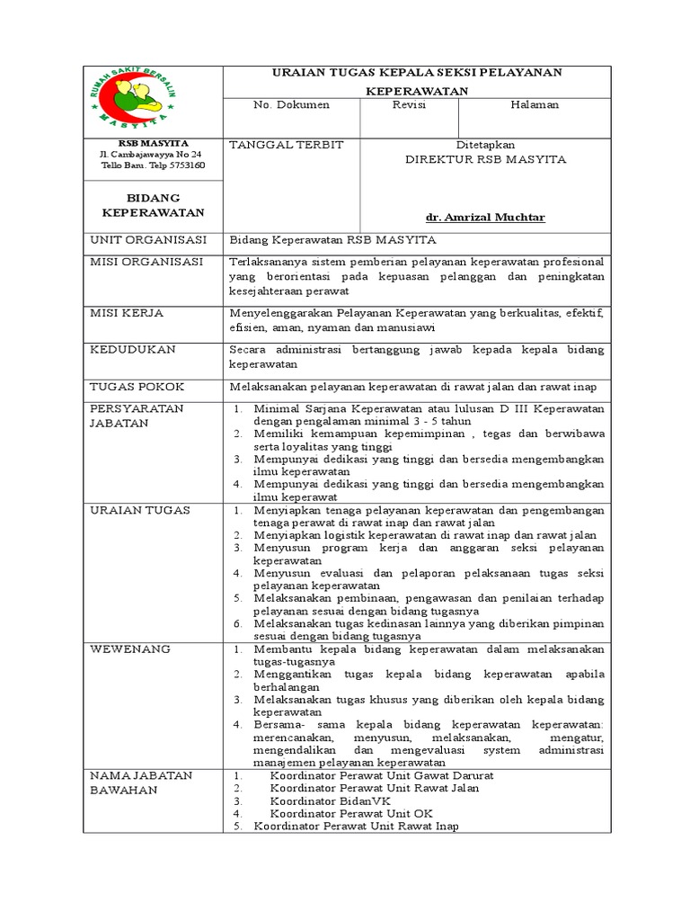 Uraian Tugas Kepala Seksi Pelayanan Keperawatan | PDF