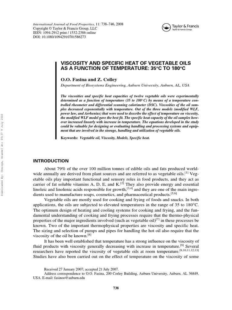 Viscosity Specific Heat of Oils With Temp | PDF | Differential Scanning ...