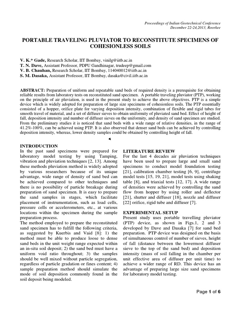 Portable Travelling Pluviator To Reconstitute Specimens of Cohesionless ...
