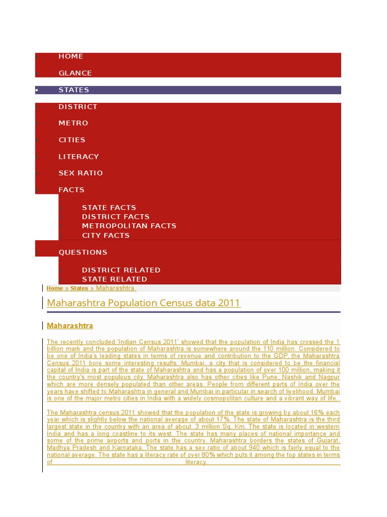 Maharashtra Population Census Data 2011 | PDF | Literacy | Percentage