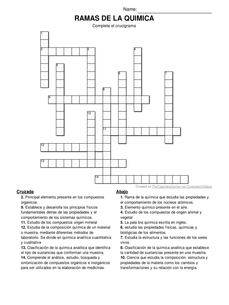 Crucigrama Ramas de La Quimica | PDF