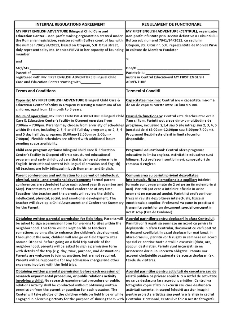 Internal Regulations Agreement Regulament de Functionare | PDF | Diarrhea | First Aid