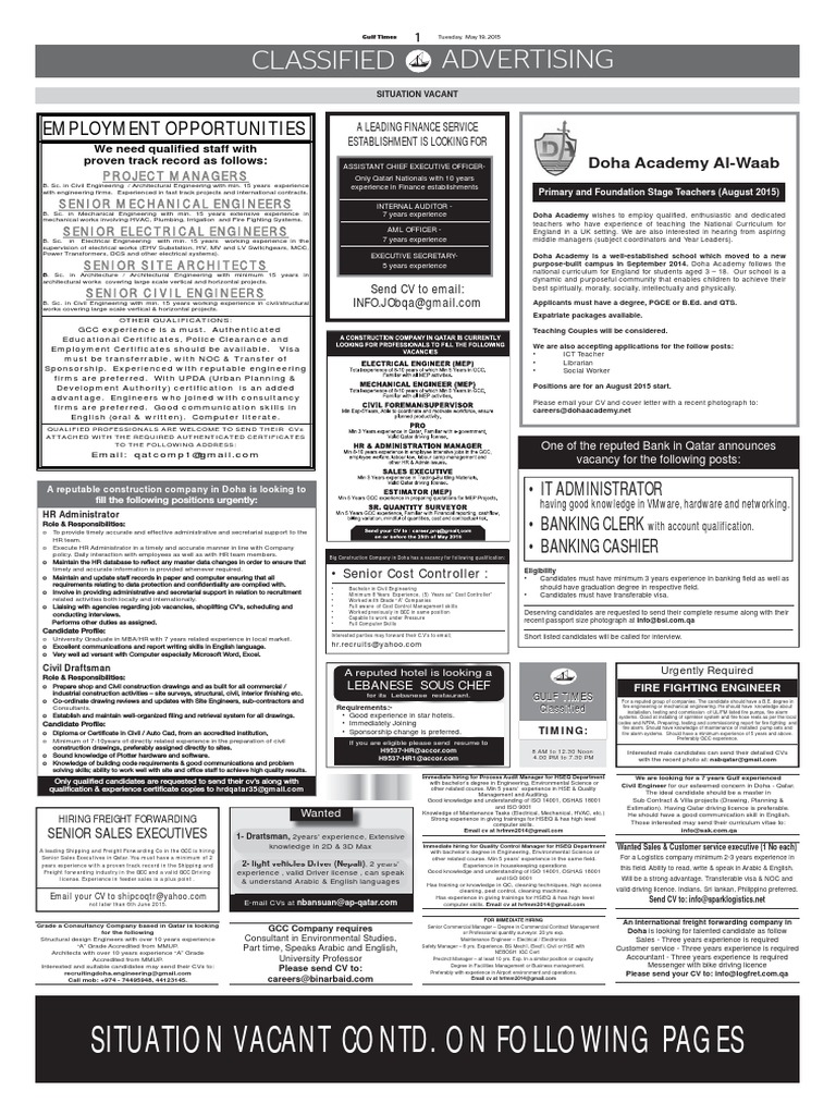 Classified Advertising: Situation Vacant Contd. On Following Pages ...
