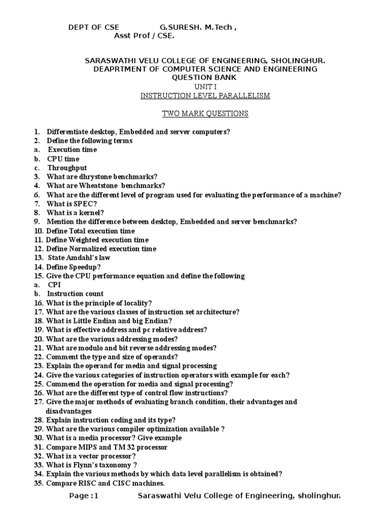 Unit I Instruction Level Parallelism Two Mark Questions: Dept of Cse G ...