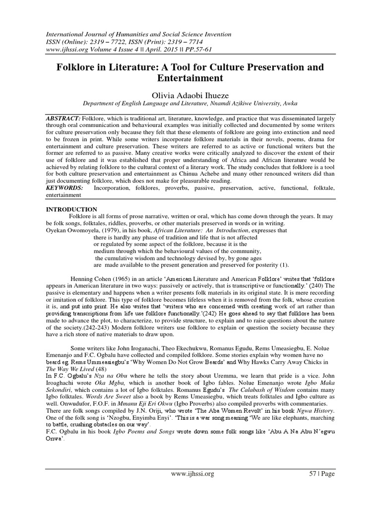 Folklore in Literature: A Tool for Culture Preservation and ...