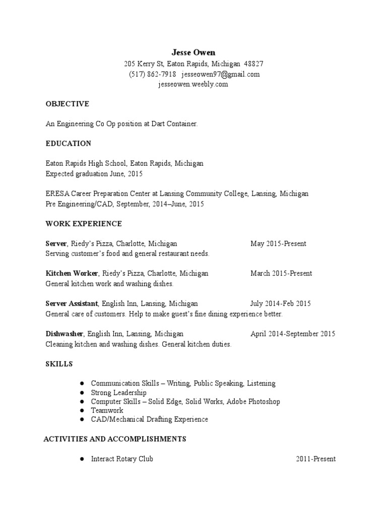 Jesse Owen's Engineering Co-Op Resume | PDF