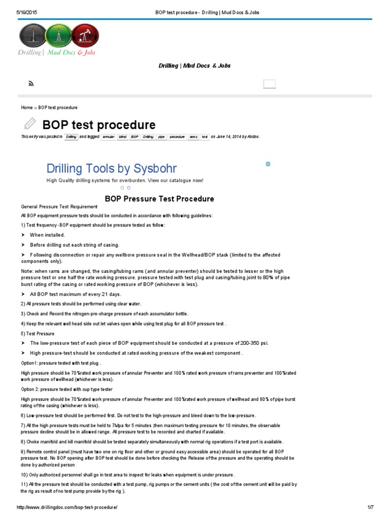 BOP Test Procedure - Drilling - Mud Docs & Jobs | PDF | Casing ...