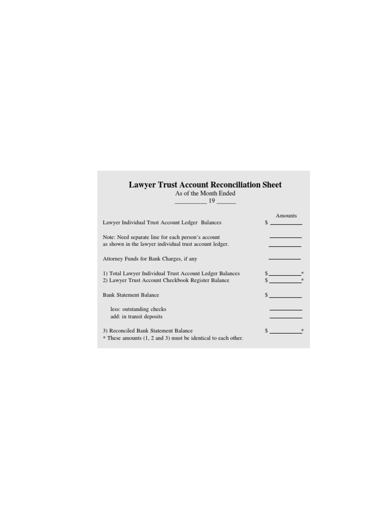 Lawyer Trust Account Reconciliation Sheet: As of The Month Ended - 19 ...