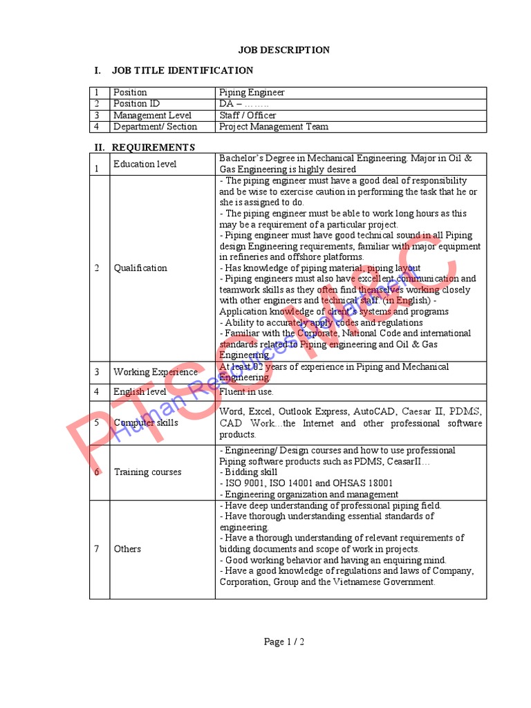 Piping Engineer Job Description | PDF | Engineer | Specification ...