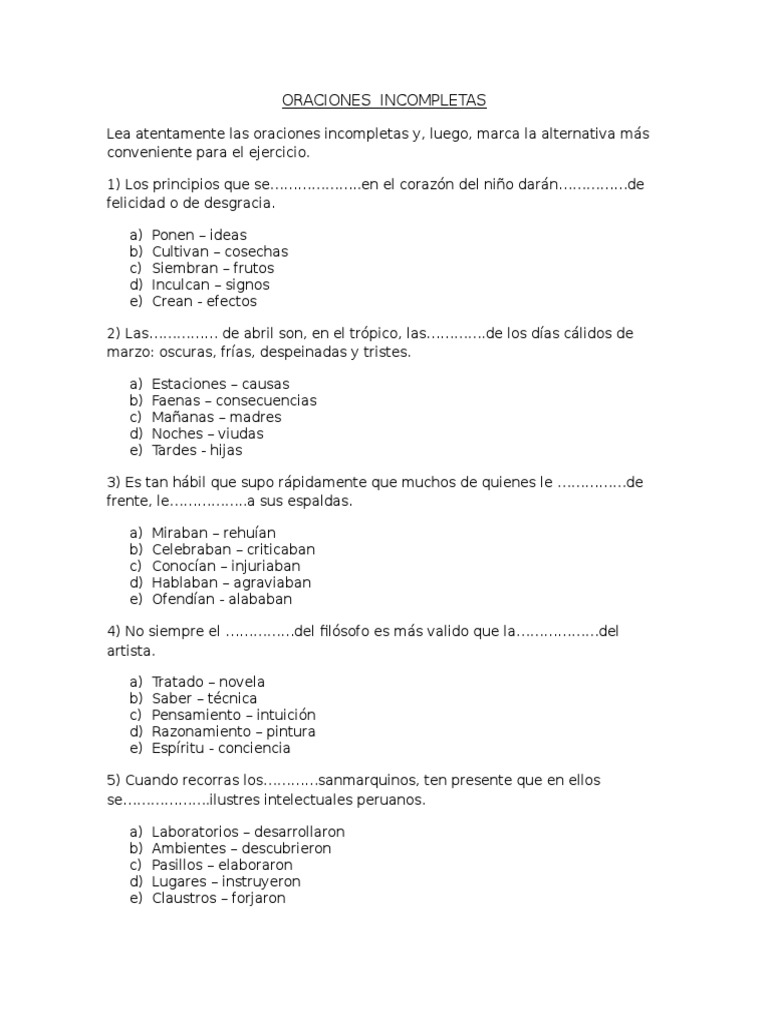 Oraciones Incompletas | PDF | Maestros | Aprendizaje