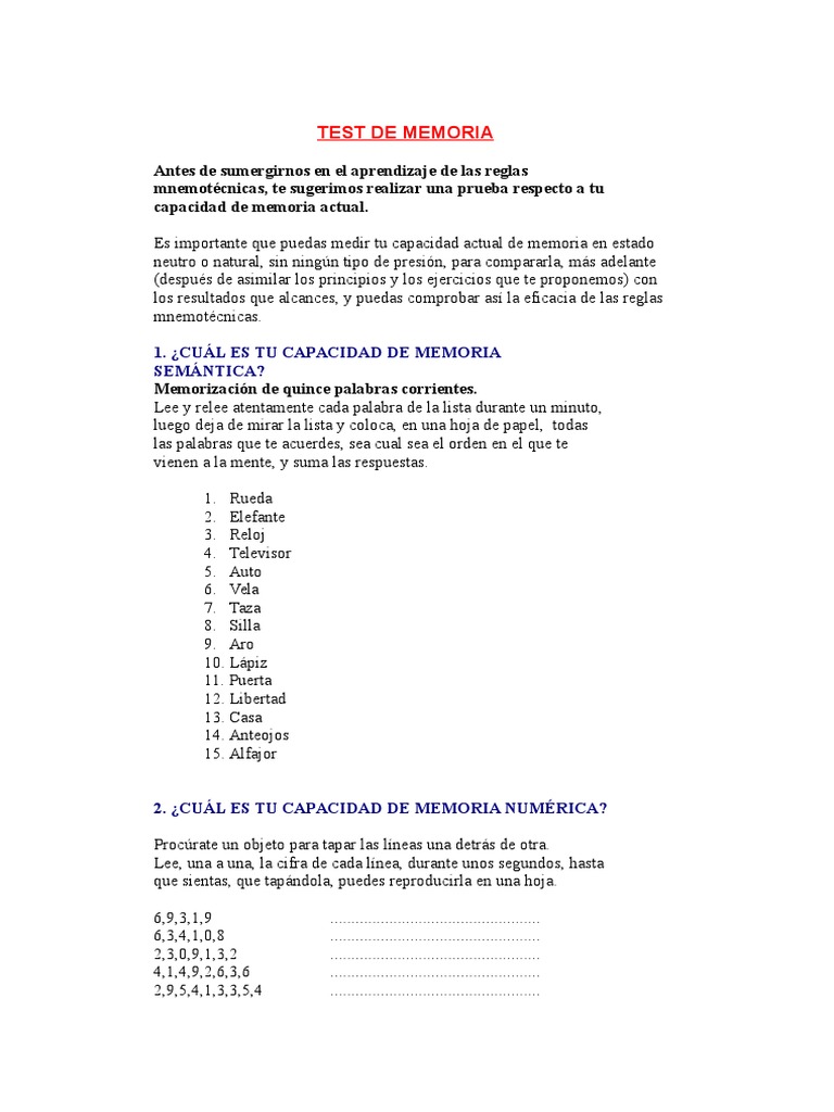 Test de Memoria: Evaluación y Ejercicios | PDF | Mnemotécnico | Memoria