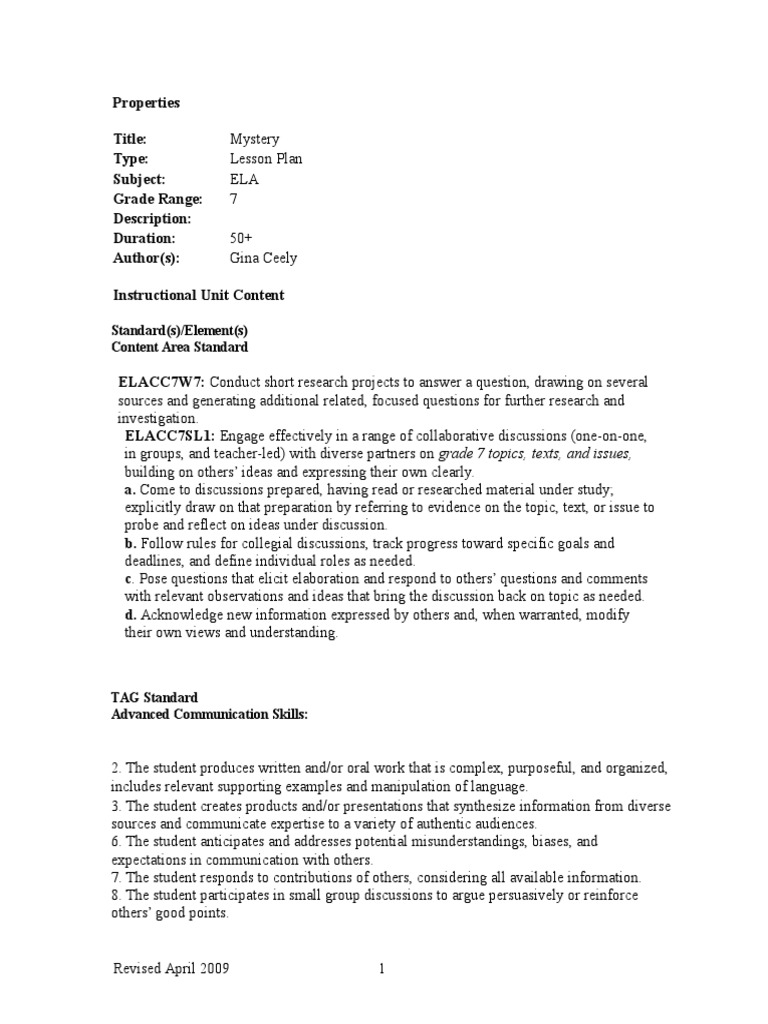 Mystery Lesson Plan | PDF | Creativity | Critical Thinking