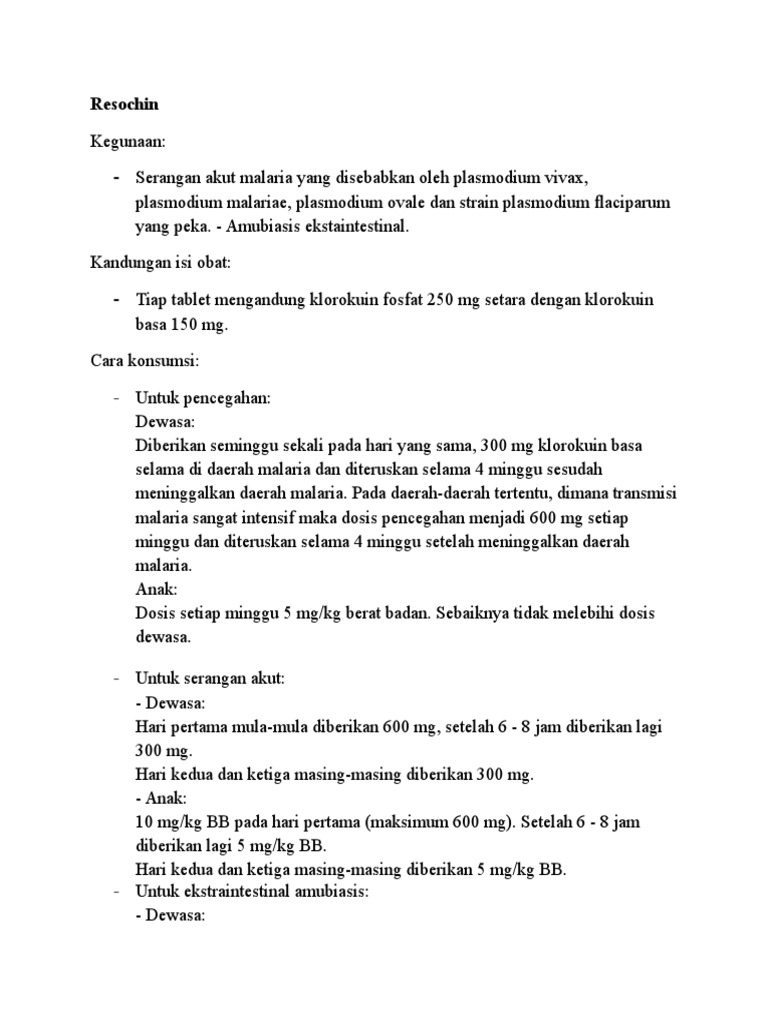 Resochin vs Pil Kina: Kegunaan dan Dosis | PDF