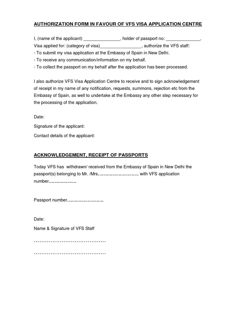 VFS Authorization for Visa Processing | PDF