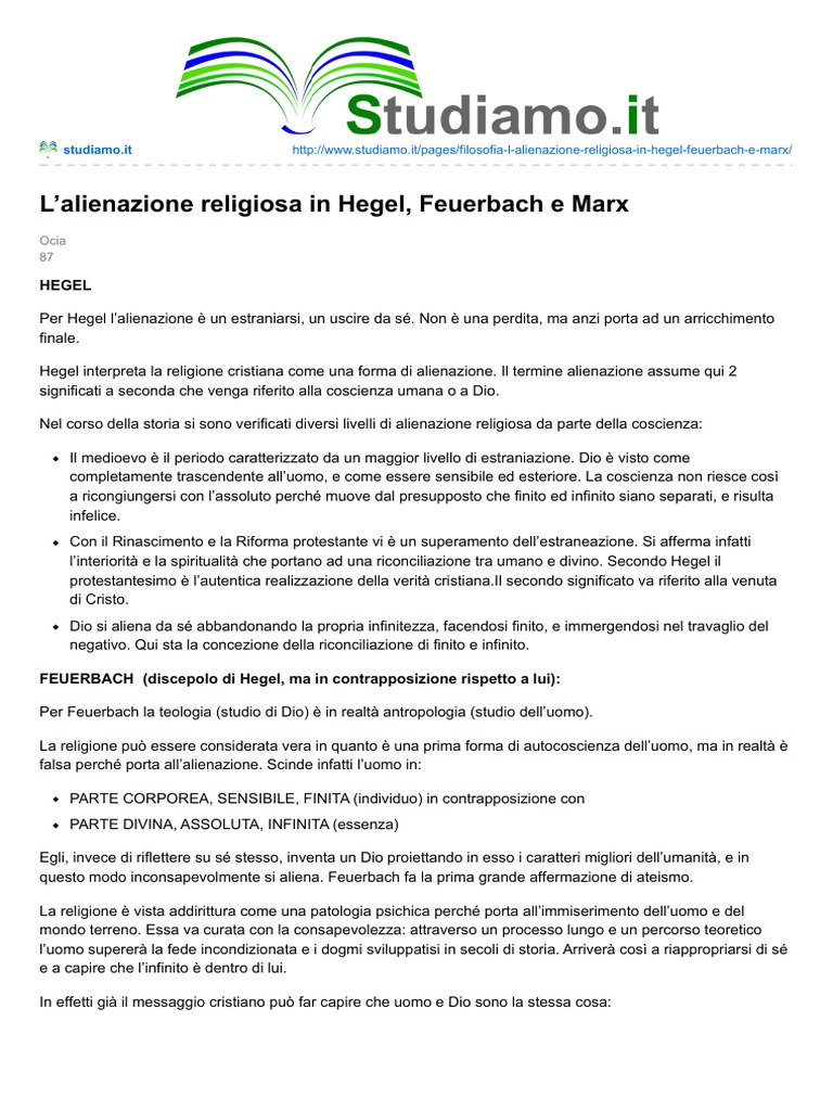 Alienazione Religiosa in Hegel Feuerbach e Marx | PDF