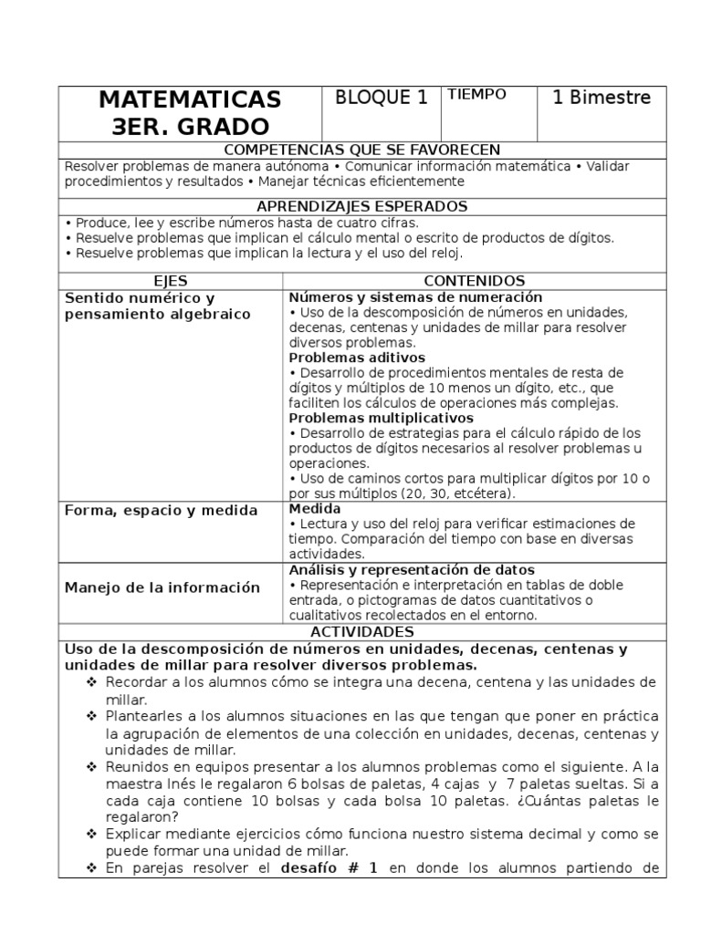 Planeacion Matematicas Tercer Grado | PDF | Sustracción | Multiplicación