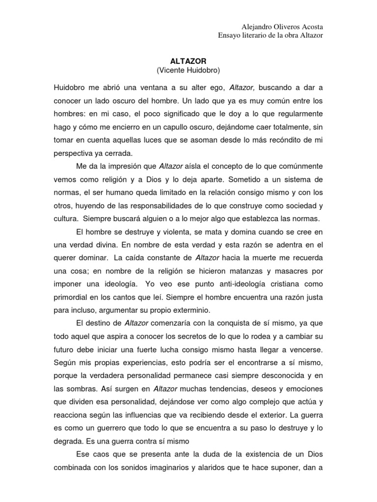 Ensayo Literario de La Obra Altazor de Vicente Huidobro - Lcc ...