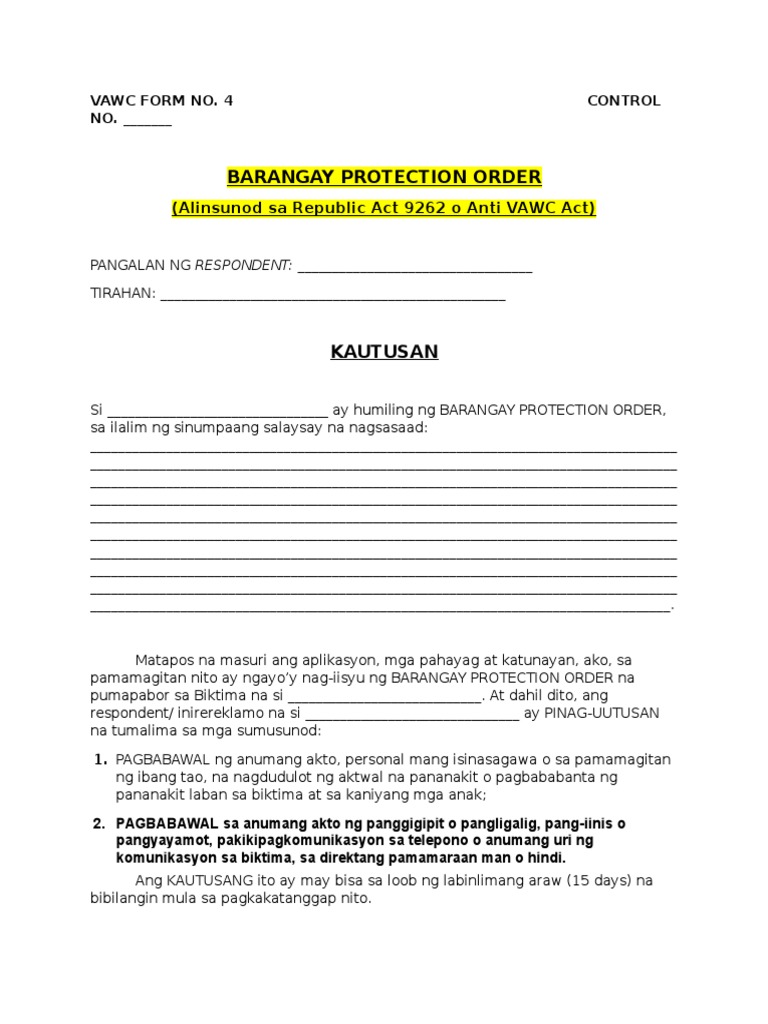 Vawc Form No 4. Protection Order | PDF