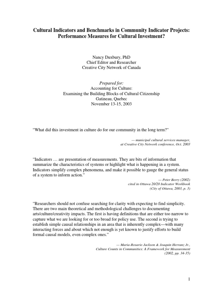 Cultural Indicators and Benchmarks in Community in | PDF | Quality Of ...