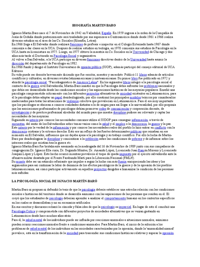 Biografía Martin Baro | PDF | Conceptos psicologicos | Sicología