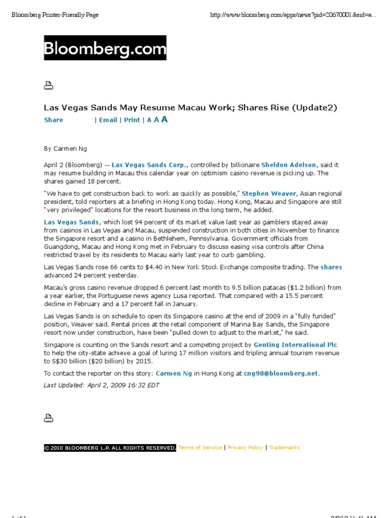 Writing Samples (Bloomberg) | PDF | Las Vegas Sands | Macau