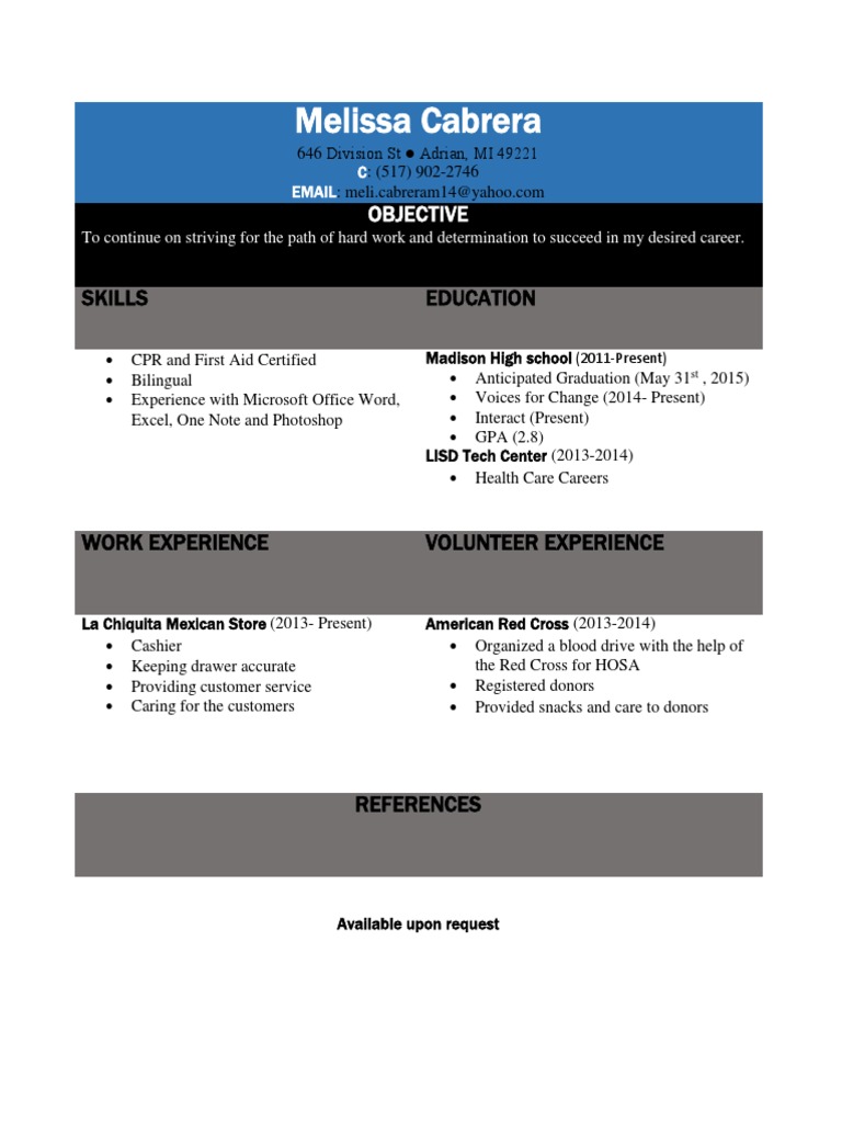 Melissa Cabrera's Resume and Skills | PDF