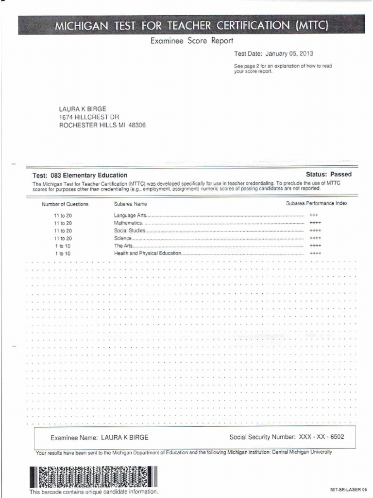 MTTC Test Scores | PDF