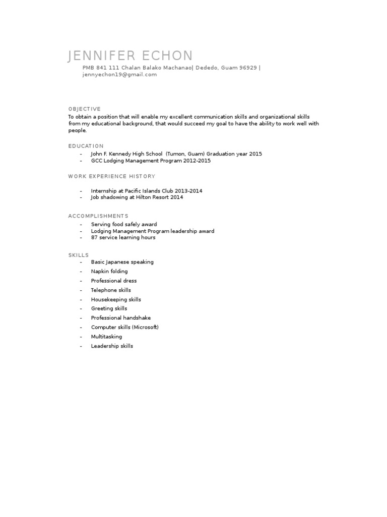 Jennifer Echon's Resume and Skills Summary | PDF