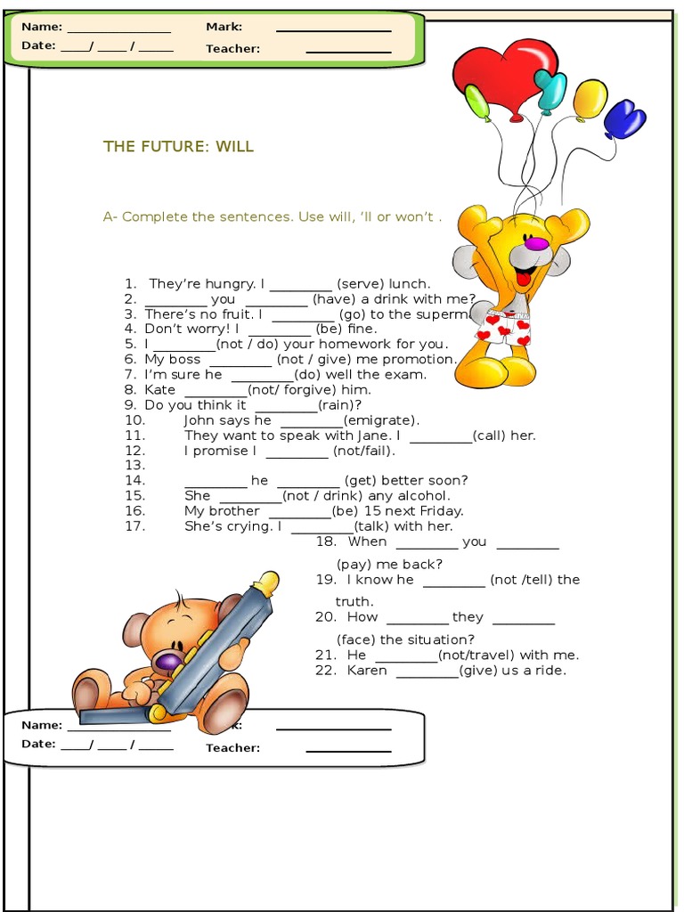 Future Tense Will Exercise Worksheet | PDF