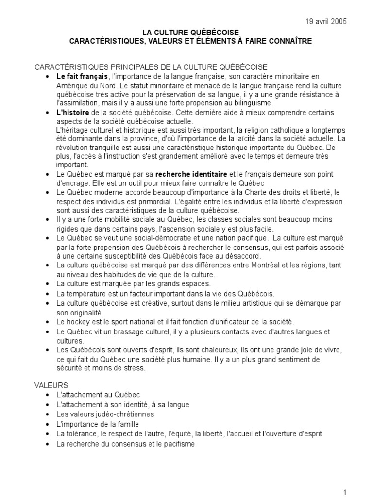 Culture Québécoise Caractéristiques Valeurs | PDF | Québec | France