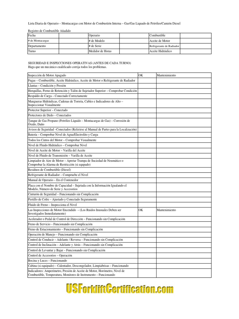 Operator's Daily Checklist - Internal Combustion Engine Industrial ...