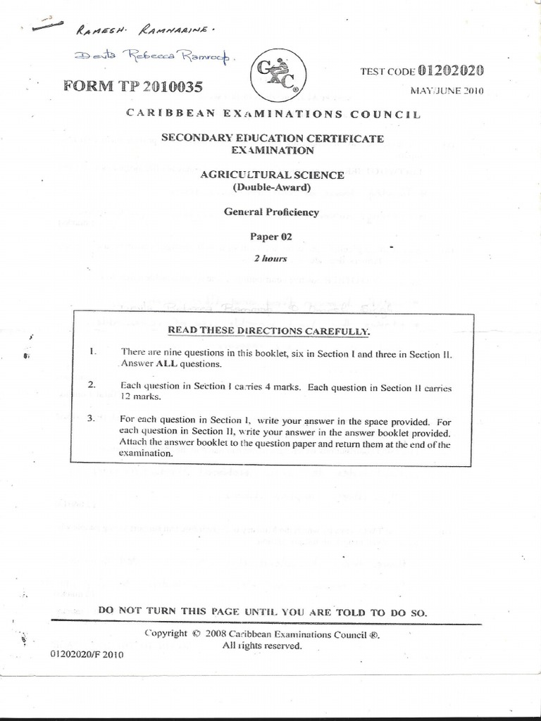 CSEC Agricultural Science Paper 2 2010 | PDF