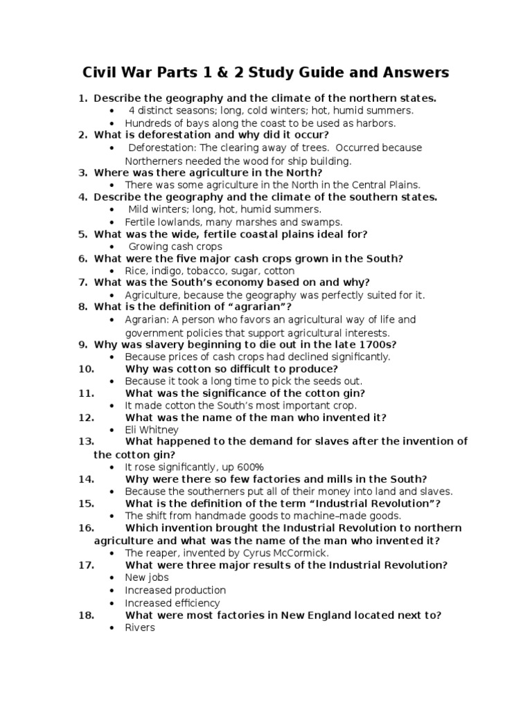 Civil War Parts 1 & 2 Study Guide and Answers | PDF | Abolitionism In ...