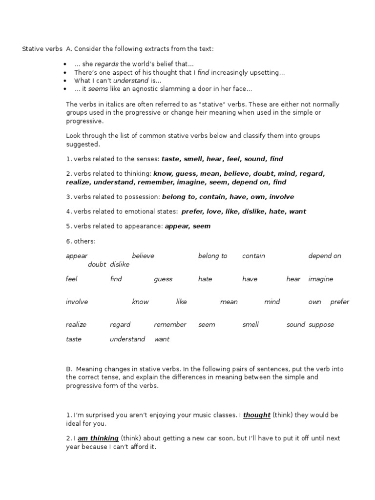 Stative Verbs Pdf Verb Grammar