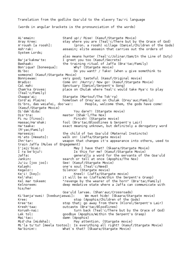Goa'uld Language Translation Guide | PDF | Mythology Of Stargate ...